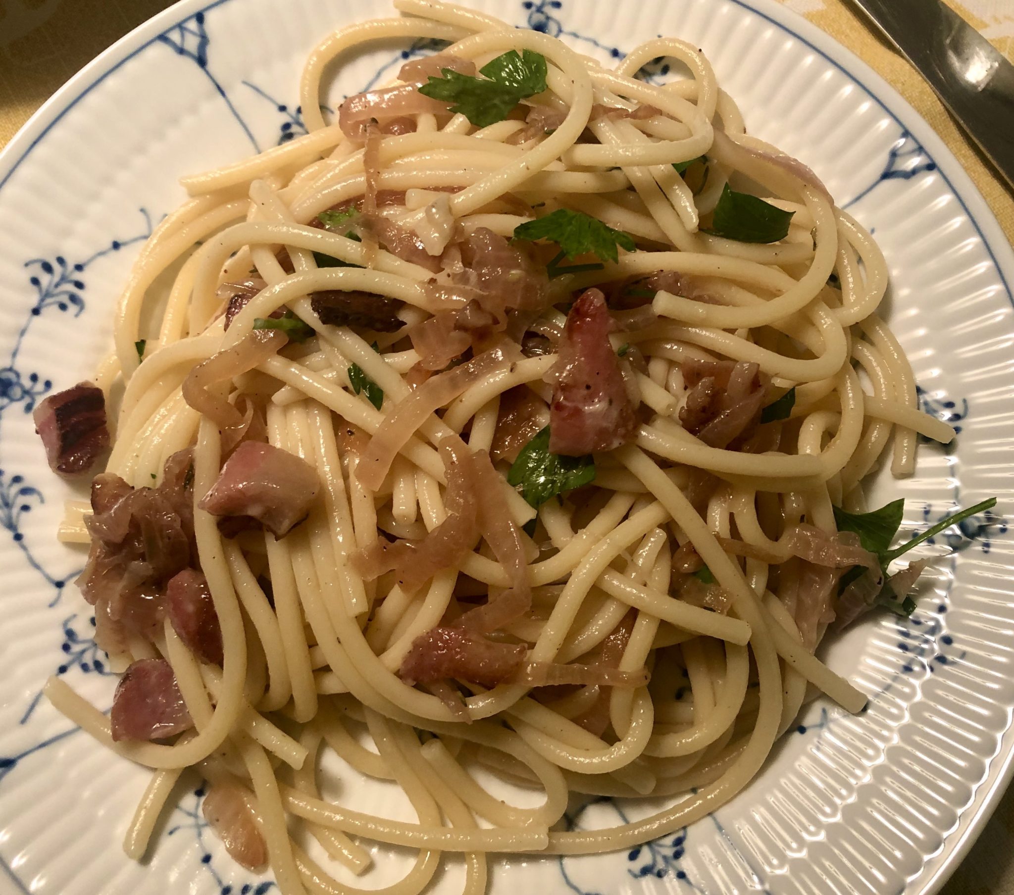 SPAGHETTI WITH GUANCIALE AND ONIONS – John Pleshette Meal of the Week